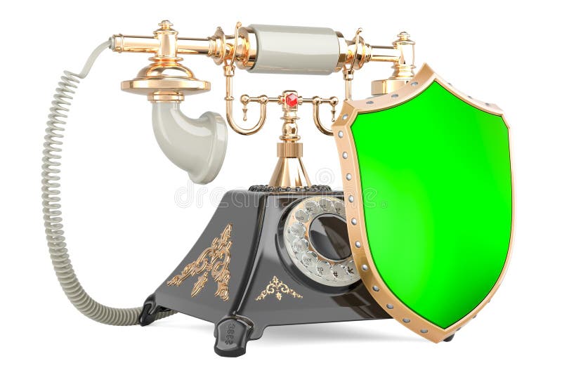 Old-fashioned Phone with Shield. 3D Rendering Stock Illustration ...