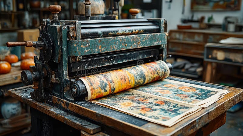 An Old Fashioned Printing Press with a Yellow Roll of Paper Stock Image ...