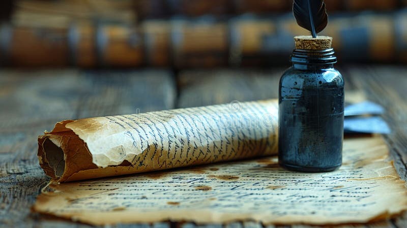 Old-fashioned Quill Pen and Inkwell on Parchment Stock Image - Image of ...
