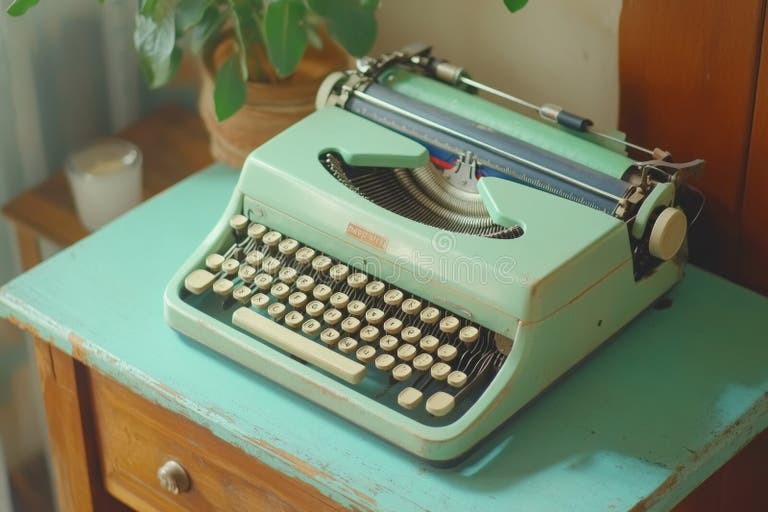 Generative Ai, Old-fashioned, Retro, Turquoise Typewriter on the Table ...