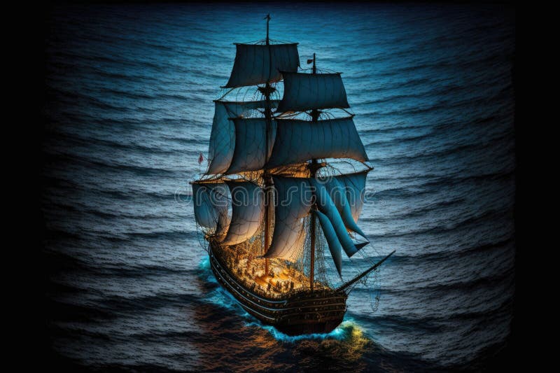 An Old Fashioned Sailing Ship Out in the Wide Ocean. Look Down from ...
