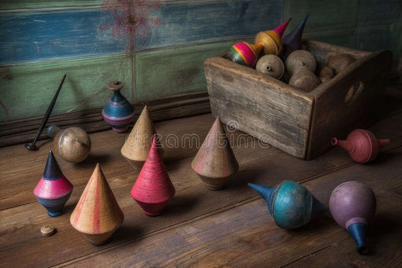 Old-fashioned Spinning Tops on Weathered Wood Stock Illustration ...