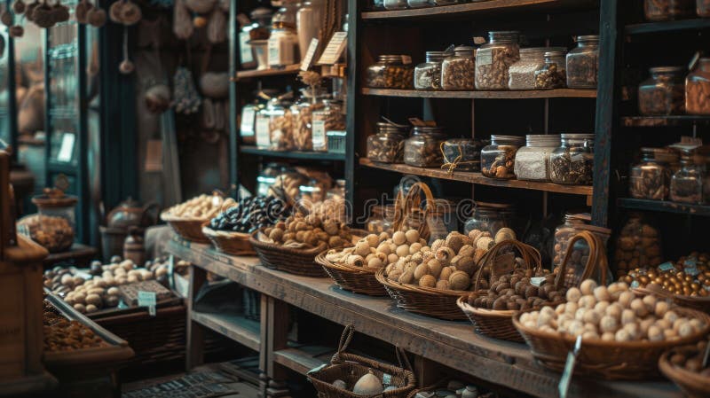 Old-fashioned Store with Baskets of Dried Goods Stock Photo - Image of ...