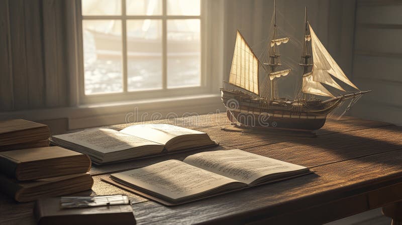Old-fashioned Study Desk with Timeless Books and a Ship Display Stock ...