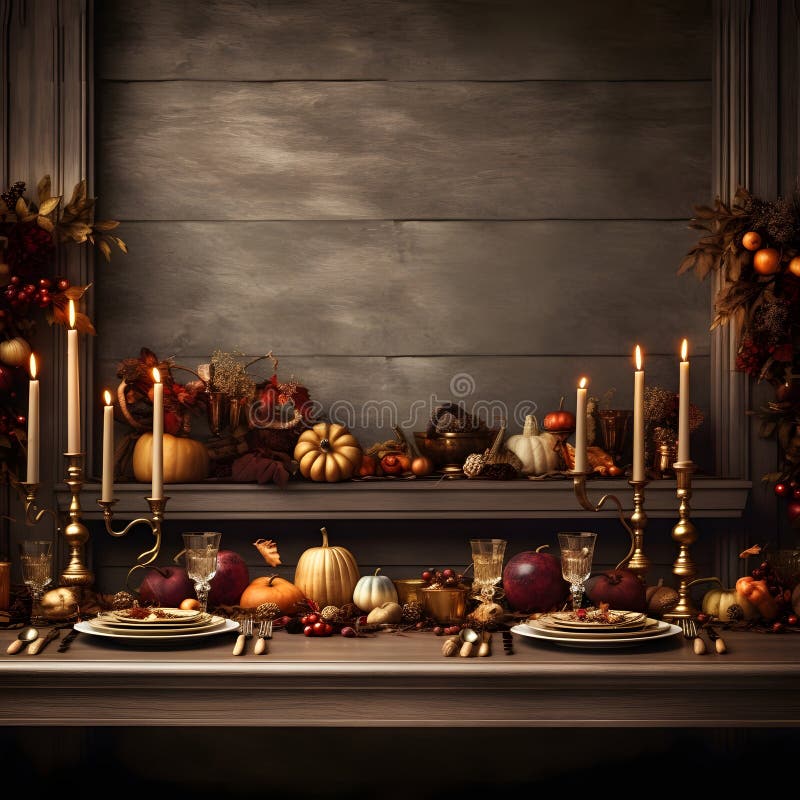 Old-fashioned Table with Candlesticks, Pumpkins Ready for Feast. Thanksgiving for the Harvest ...