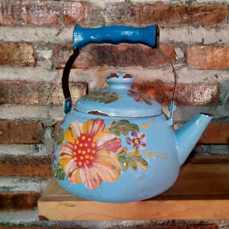 Old Fashioned Teapot on Blue Bricks Background Stock Photo - Image of ...
