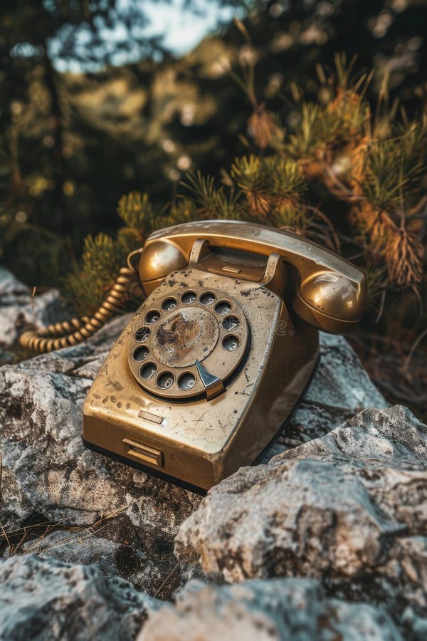 Old-fashioned Telephone Resting on a Rock. Ideal for Vintage or ...