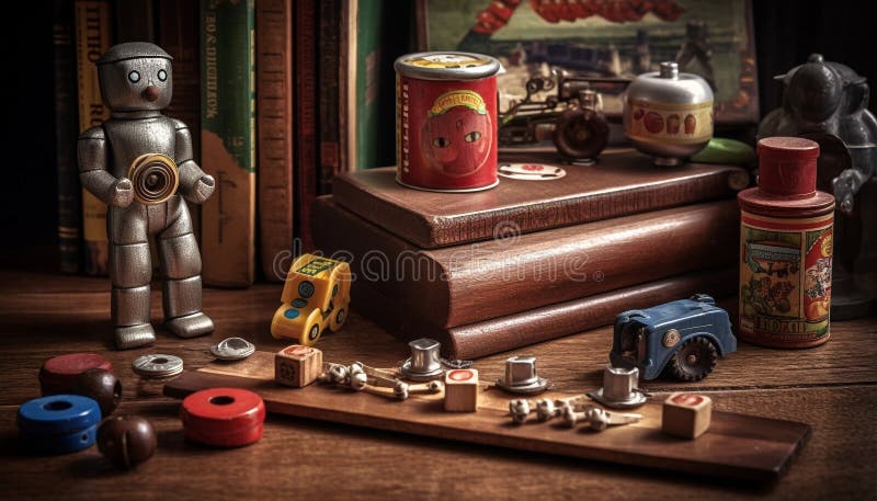 Old Fashioned Toy Robot on Wooden Table in Antique Workshop Collection ...