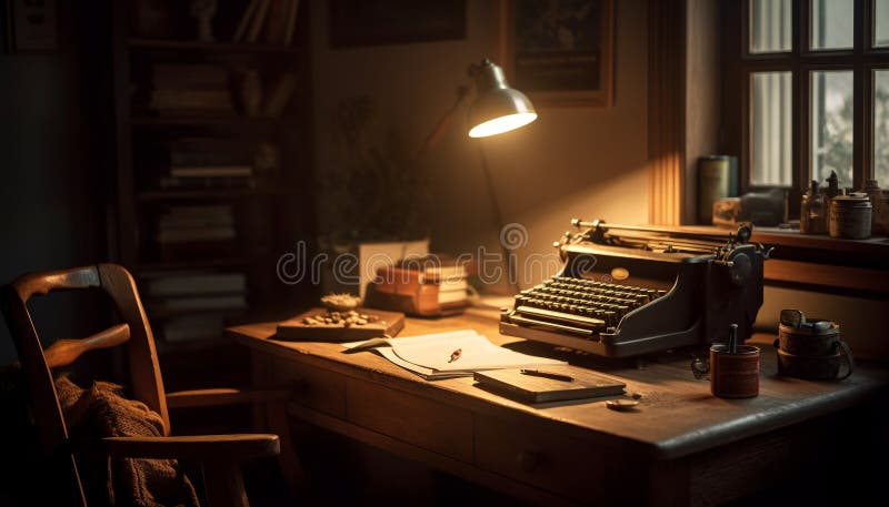 Old Fashioned Typewriter on Antique Desk in Rustic Home Office ...