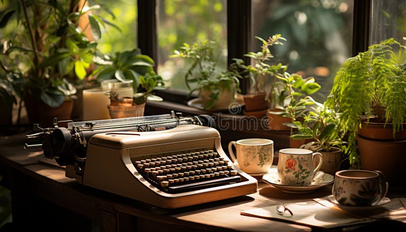 Old Fashioned Typewriter on Rustic Wooden Desk Indoors Generated by AI ...