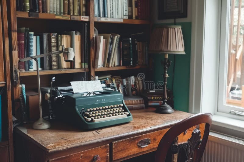 An Old Fashioned Typewriter Sits on a Desk in Front of a Window ...