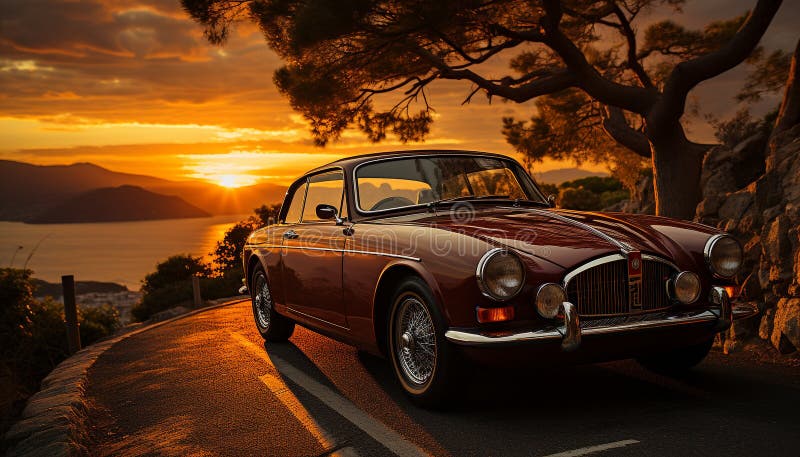 Old Fashioned Vintage Car Driving through the Rural Landscape at Sunset Generated by AI Stock ...