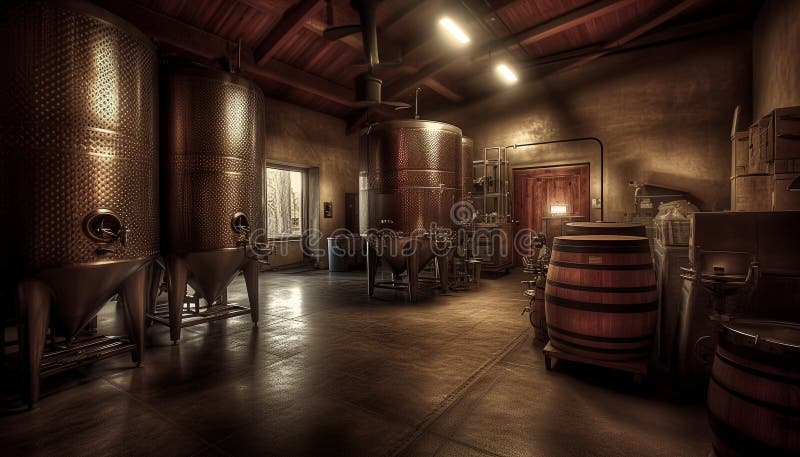 Old Fashioned Whiskey Barrels Line the Dark Distillery Storage Room ...