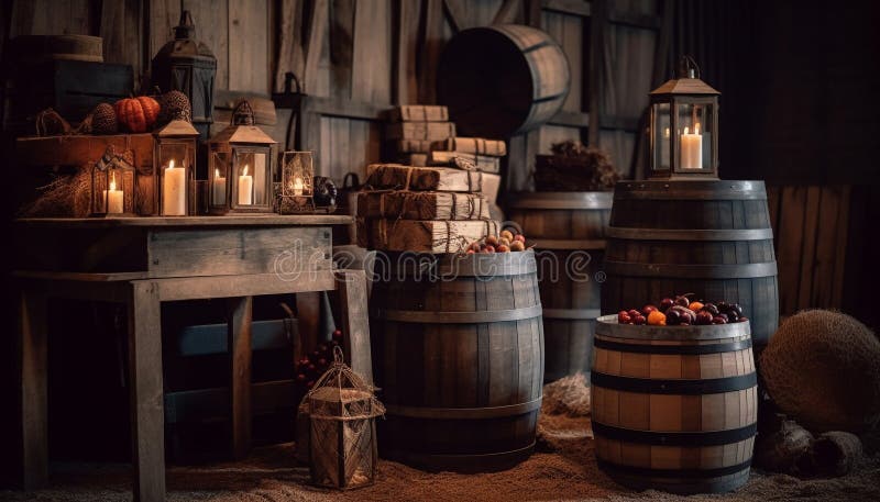 Old Fashioned Winery Cellar with Rustic Wooden Barrel Decoration and ...