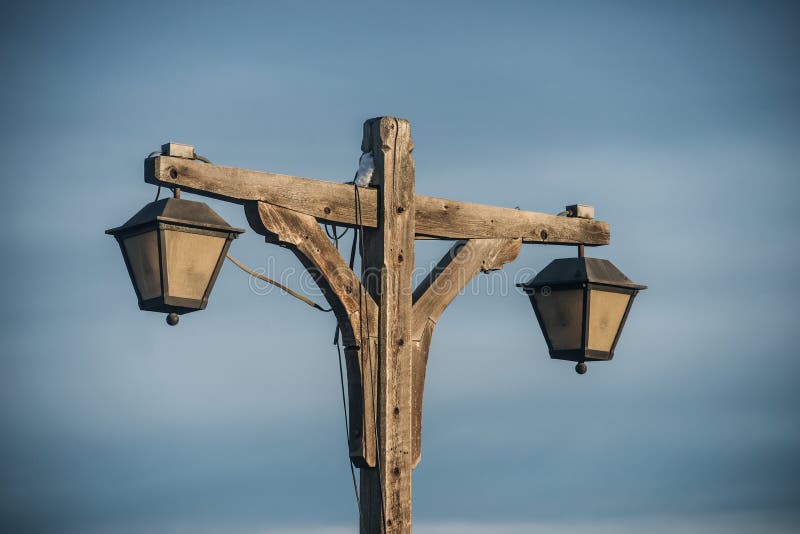 Old Fashioned Wooden Street Light With Two Lamps Stock Photo - Image ...