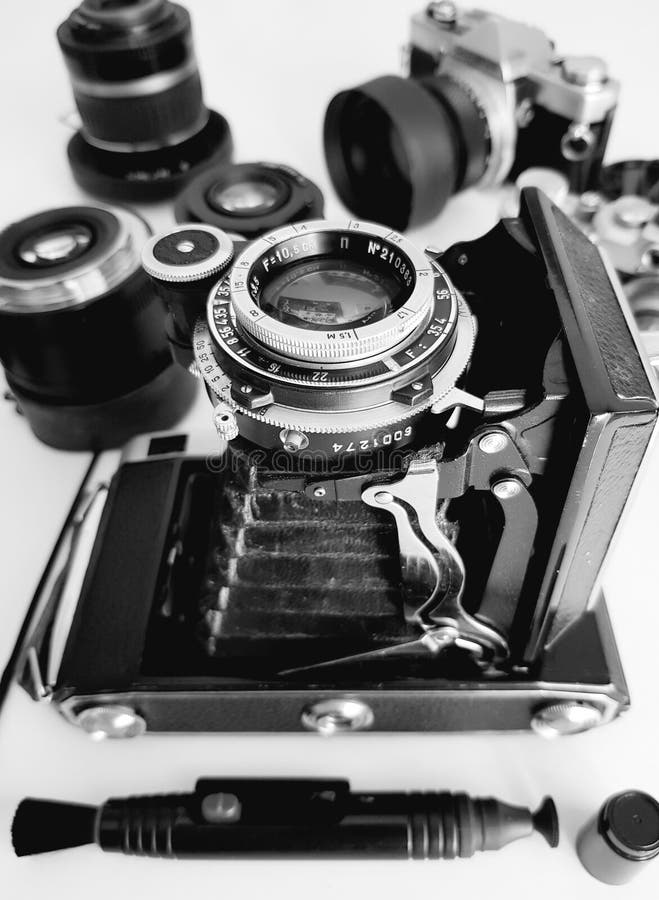 Retro Camera and Lenses on White Background. Shallow Depth of Field ...
