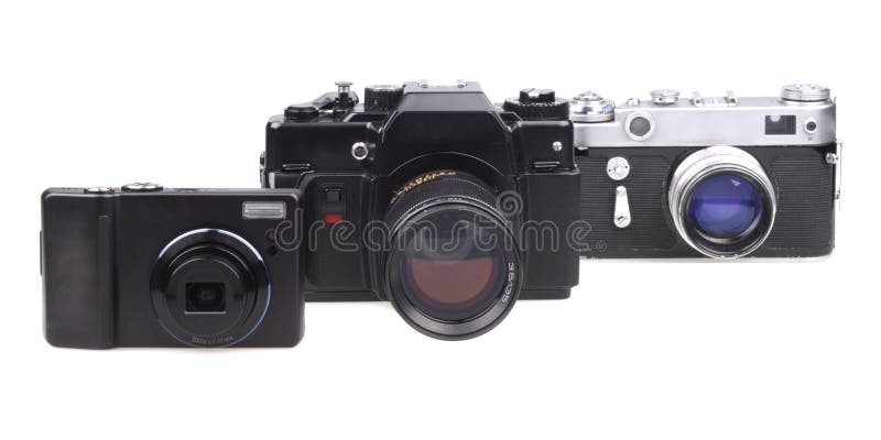 Old Film Cameras and the Modern Compact Camera Stock Photo - Image of ...