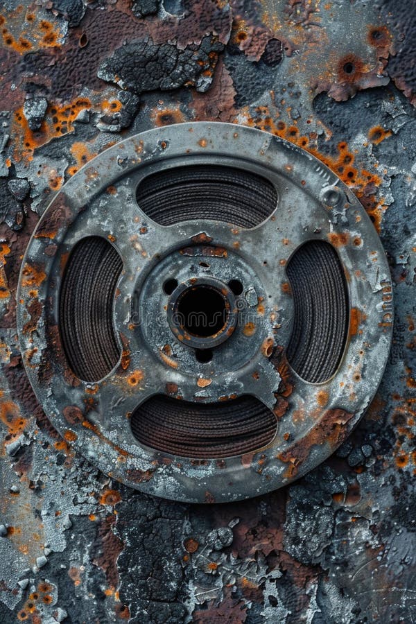 An Old Film Reel Sits Atop a Rusty Metal Surface, Ready for Use or ...