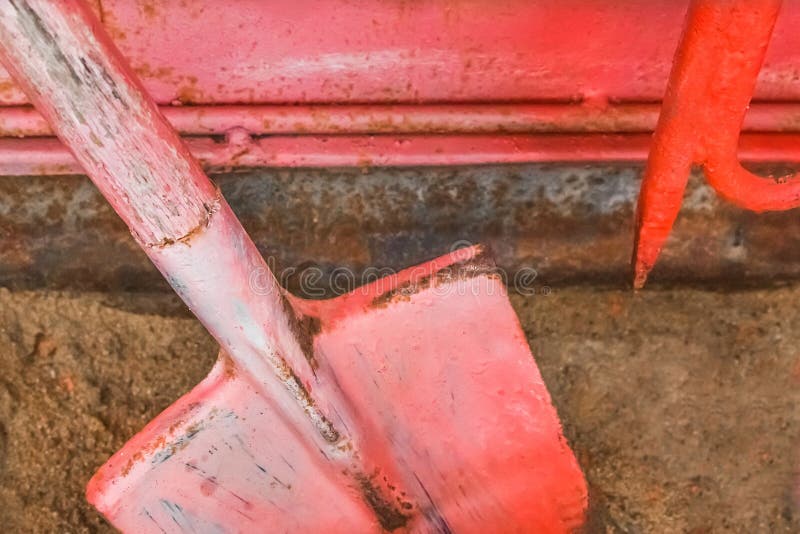 Old Fire Red Box with a Shovel and Hook and Tools To Help during a ...