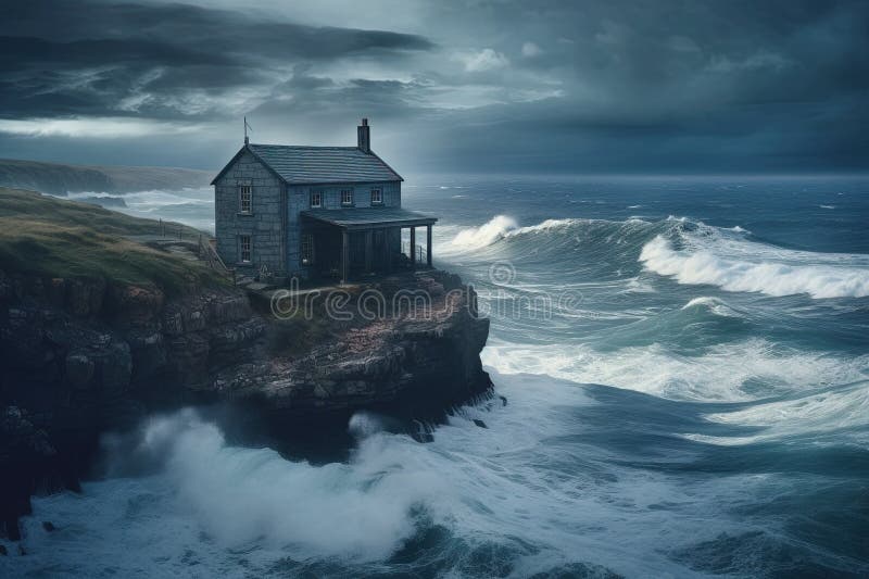Old Fisherman House on a Coastal Rocky Cliffs Stock Illustration ...