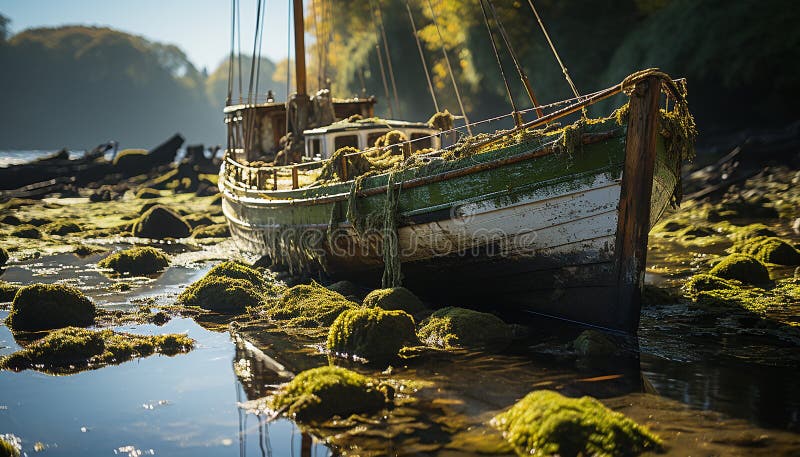 An Old Fishing Boat Sails Peacefully on the Tranquil Coastline ... An Old Fishing Boat Sails Peacefully on the Tranquil Coastline ...