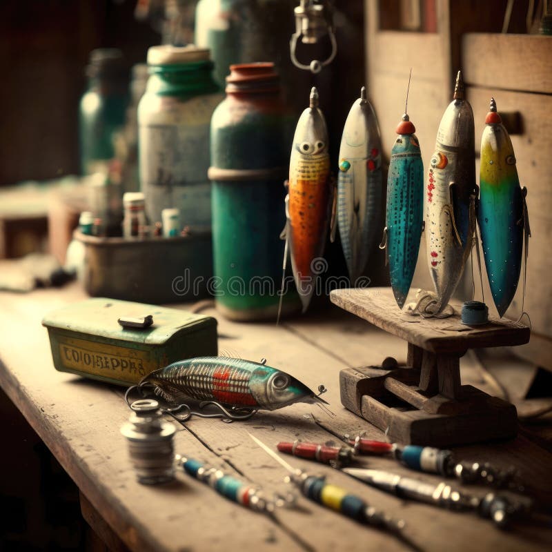 Vintage Fishing Lures on Work Bench Stock Photo - Image of fishing ...