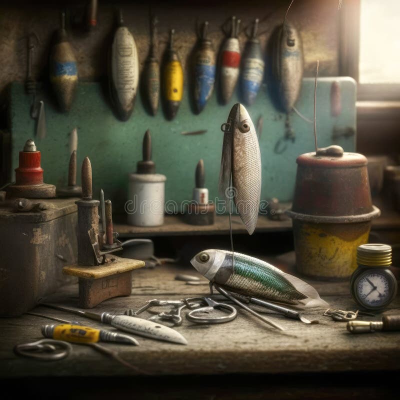 Vintage Fishing Lures on Work Bench Stock Image - Image of creel, tool ...