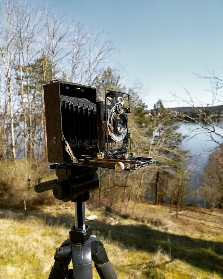 Old Retro Folding Large Format Camera. Compur Shutter with Cable ...