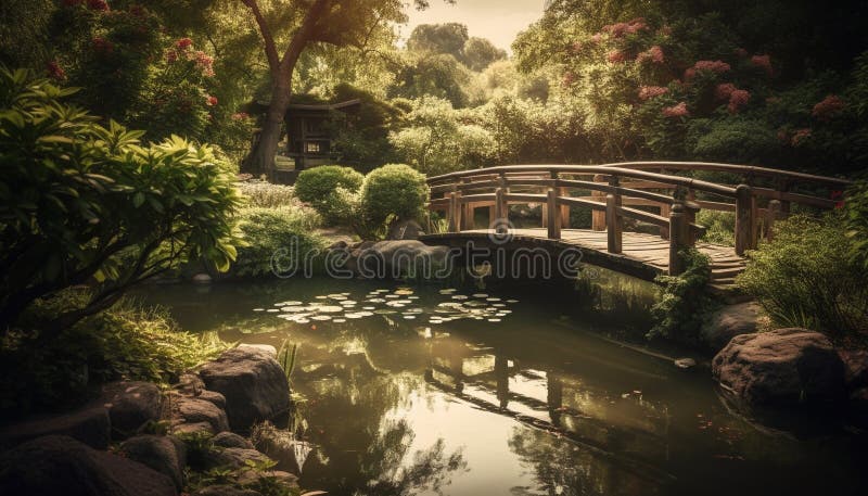 The Old Footbridge Over the Tranquil Pond Reflects Autumn Beauty ...