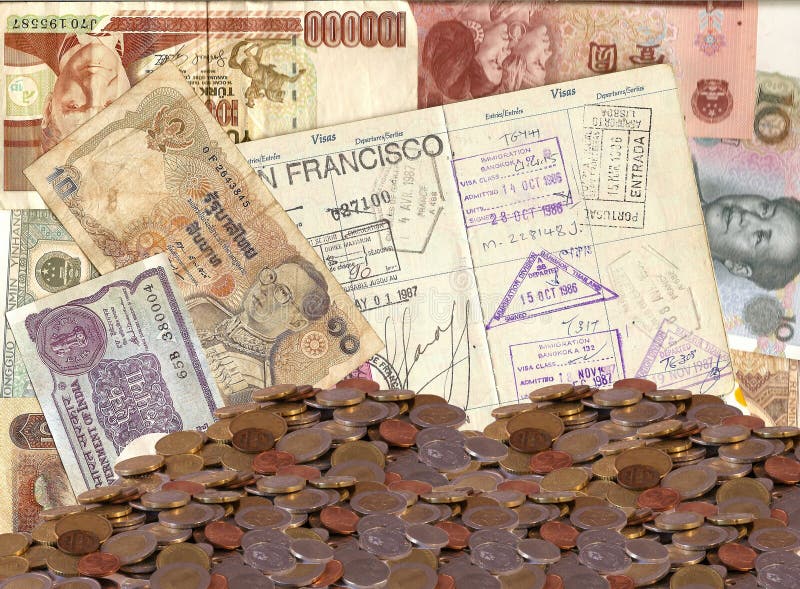 Old Foreign Currency and Piles of Coins Stock Photo - Image of travel ...