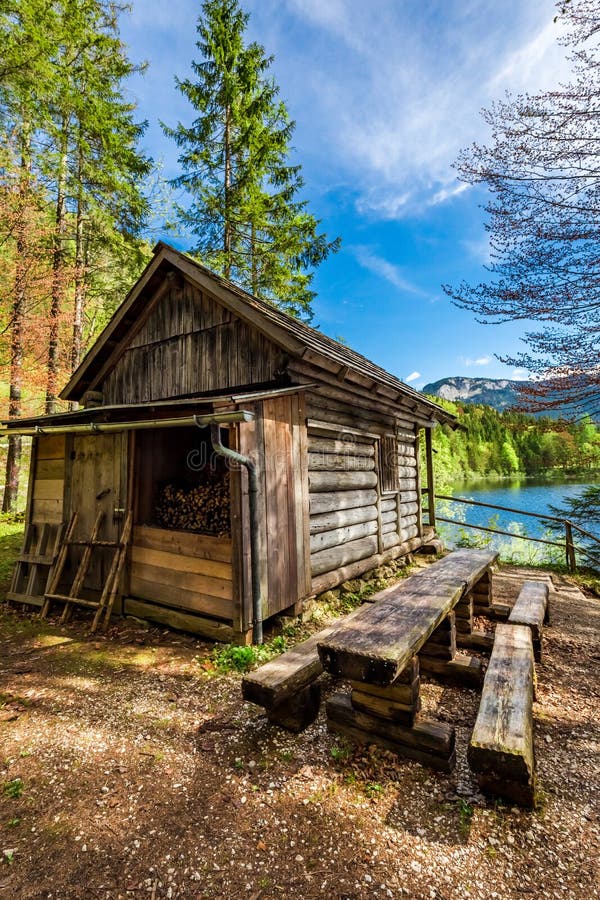 Forest Wooden Hut in the Alps at the Lake, Europe Stock Image - Image ...