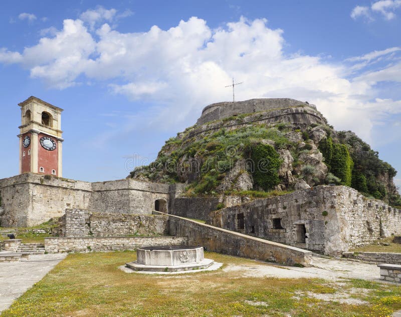 The Old Fort and Clock Tower,Corfu, Greece Stock Photo - Image of ...