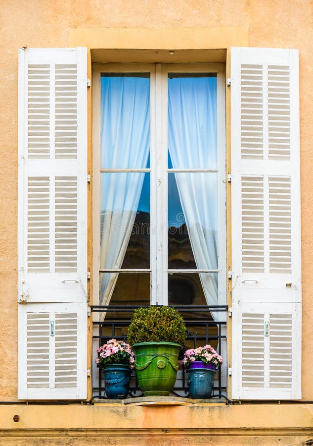 French Window with Blue Shutters, Provence, France. Stock Image - Image ...