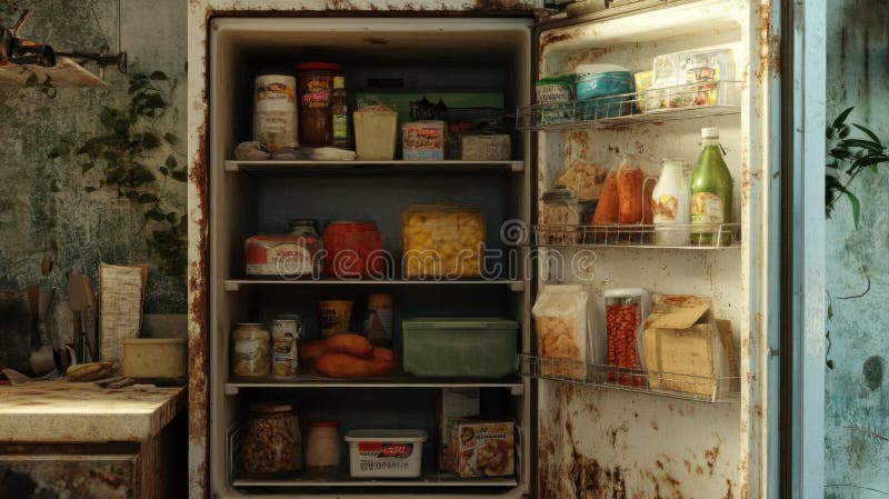 Old Fridge with Lots of Food in the Kitchen. Retro Style Stock ...