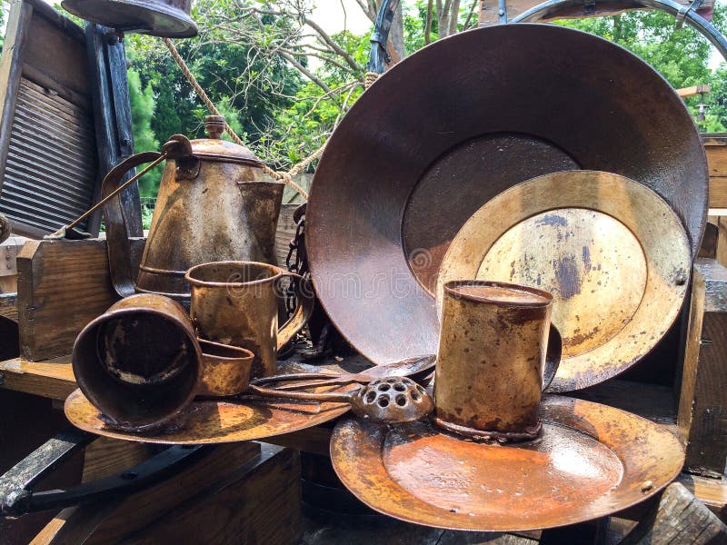 Old Full Set of Variety Brass Kitchenware, Vintage Style Stock Photo ...