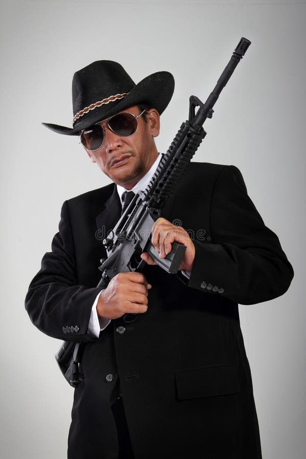 Evil Gangster and His Gun, Isolated on White Stock Image - Image of ...