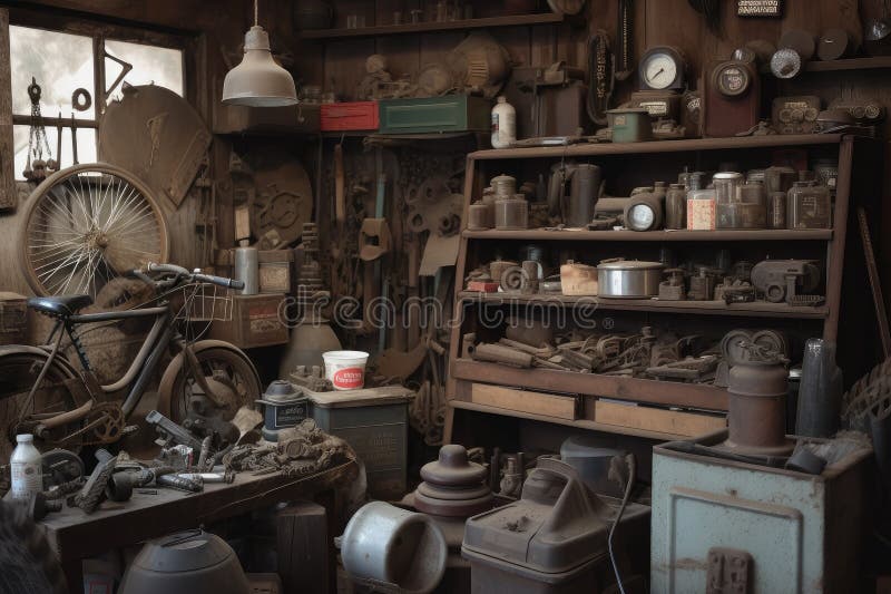 Old Garage with Collection of Vintage Tools, Engines and Parts Stock ...
