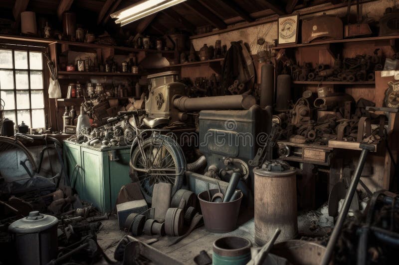 Old Garage with Collection of Vintage Tools, Engines and Parts Stock ...