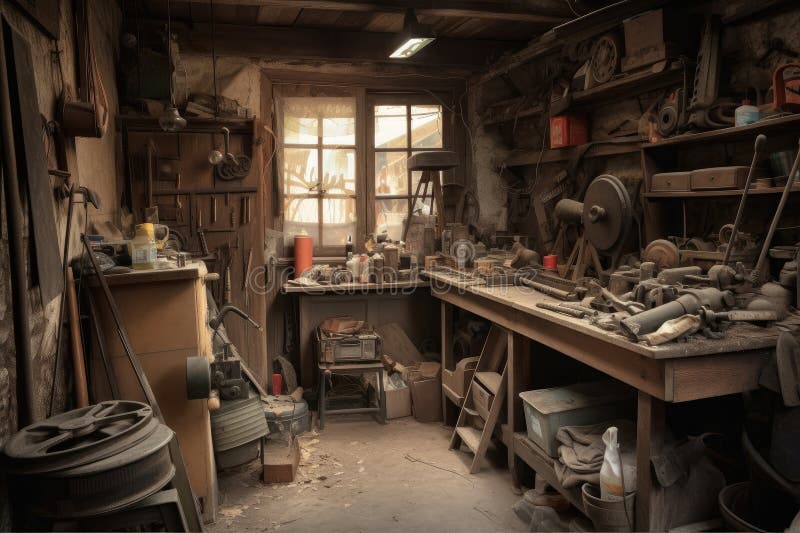 Old Garage with Heaps of Vintage Tools and Equipment, Ready for Work ...
