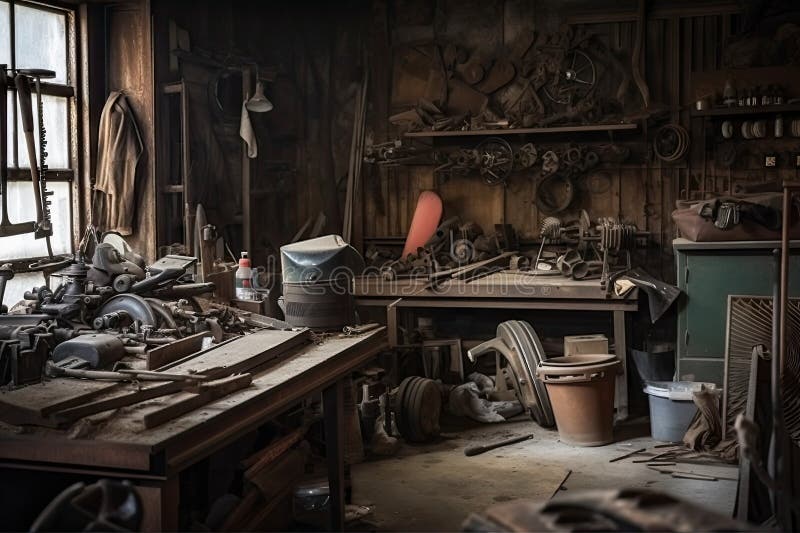 Old Garage with Heaps of Vintage Tools and Equipment, Ready for Work ...