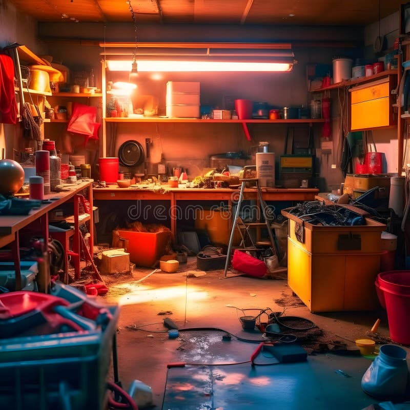 An Old Garage with Stuff Scattered Around. Stock Illustration ...