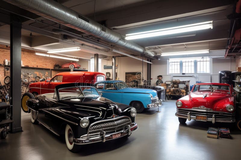 Old Garage, with Vintage Cars and Tools on Display, in Modern Setting ...