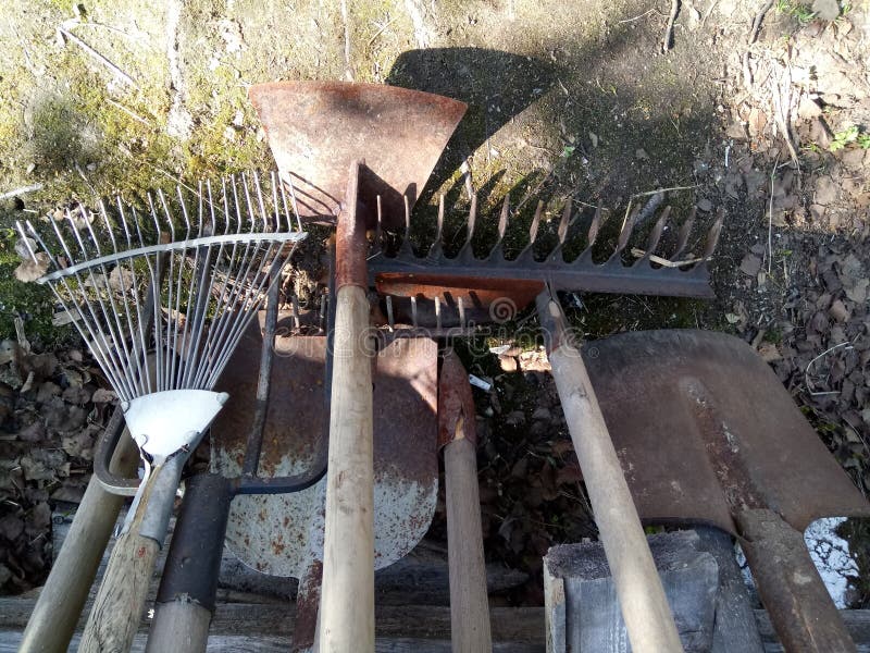 Old Garden Tool Shovel Pitchfork Rake Hoe Stock Image - Image of shovel ...