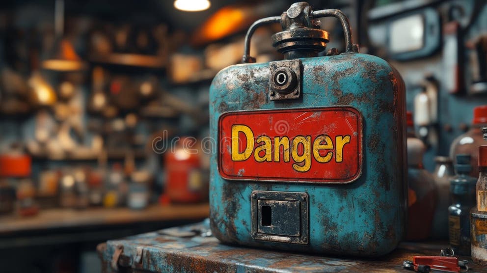Old Gas Tank with Warning Label in a Workshop Setting Stock ...