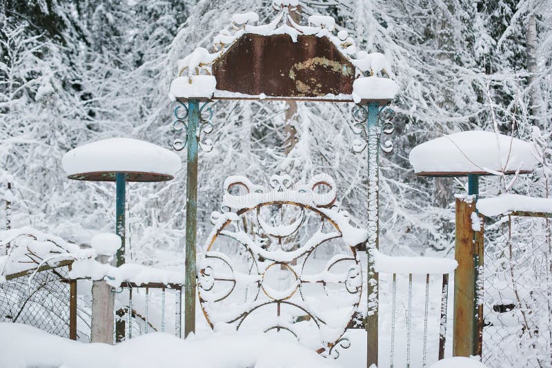 Old Gate on a Background of Snow-covered Forest Stock Photo - Image of ...