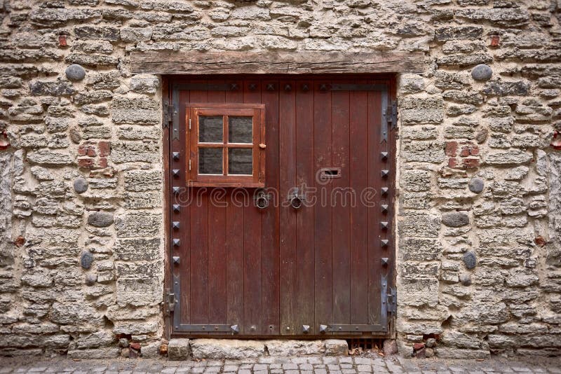 Old Gate with Window on Stone Wall Castle Stock Image - Image of wooden ...