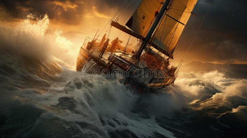 Old Ghost Ship Sailing in a Stormy Sea Stock Illustration ...