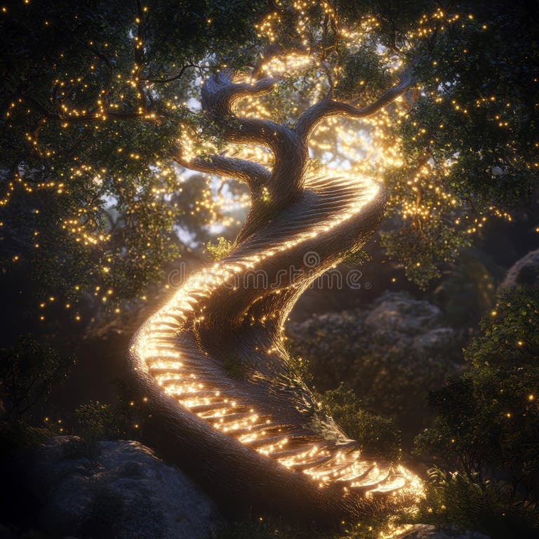 Old Gnarled Tree Illuminated from Base, Soft Glowing Light, Root System ...
