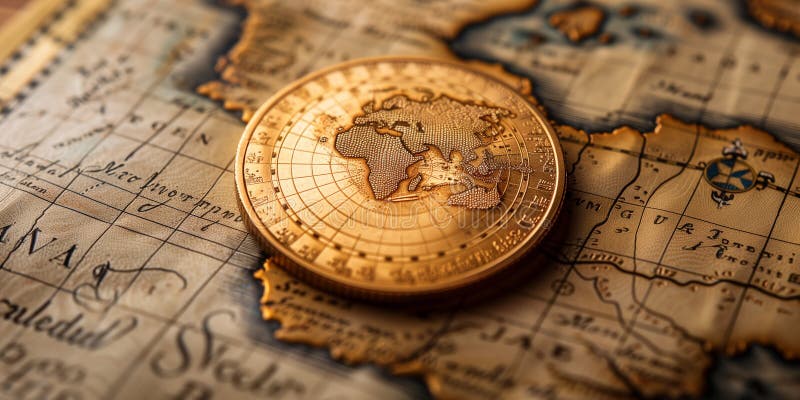 Old Gold Coin Placed on an Ancient Map, Focused Shot Stock Image ...