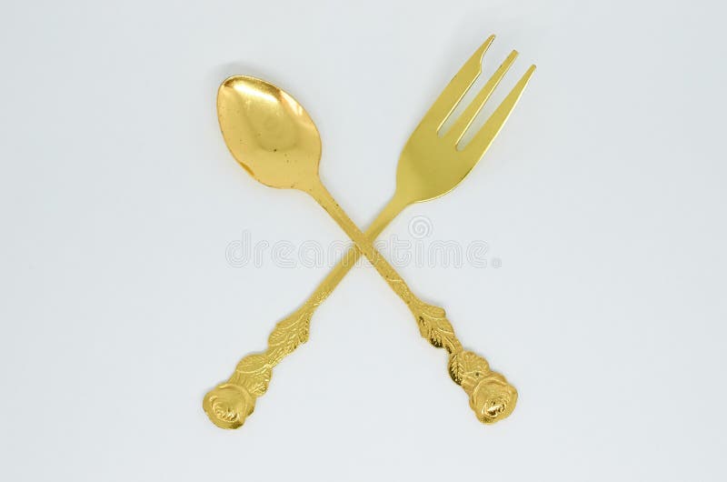 Old Gold-plated Spoon Fork Crossed with Each Other Stock Photo - Image ...